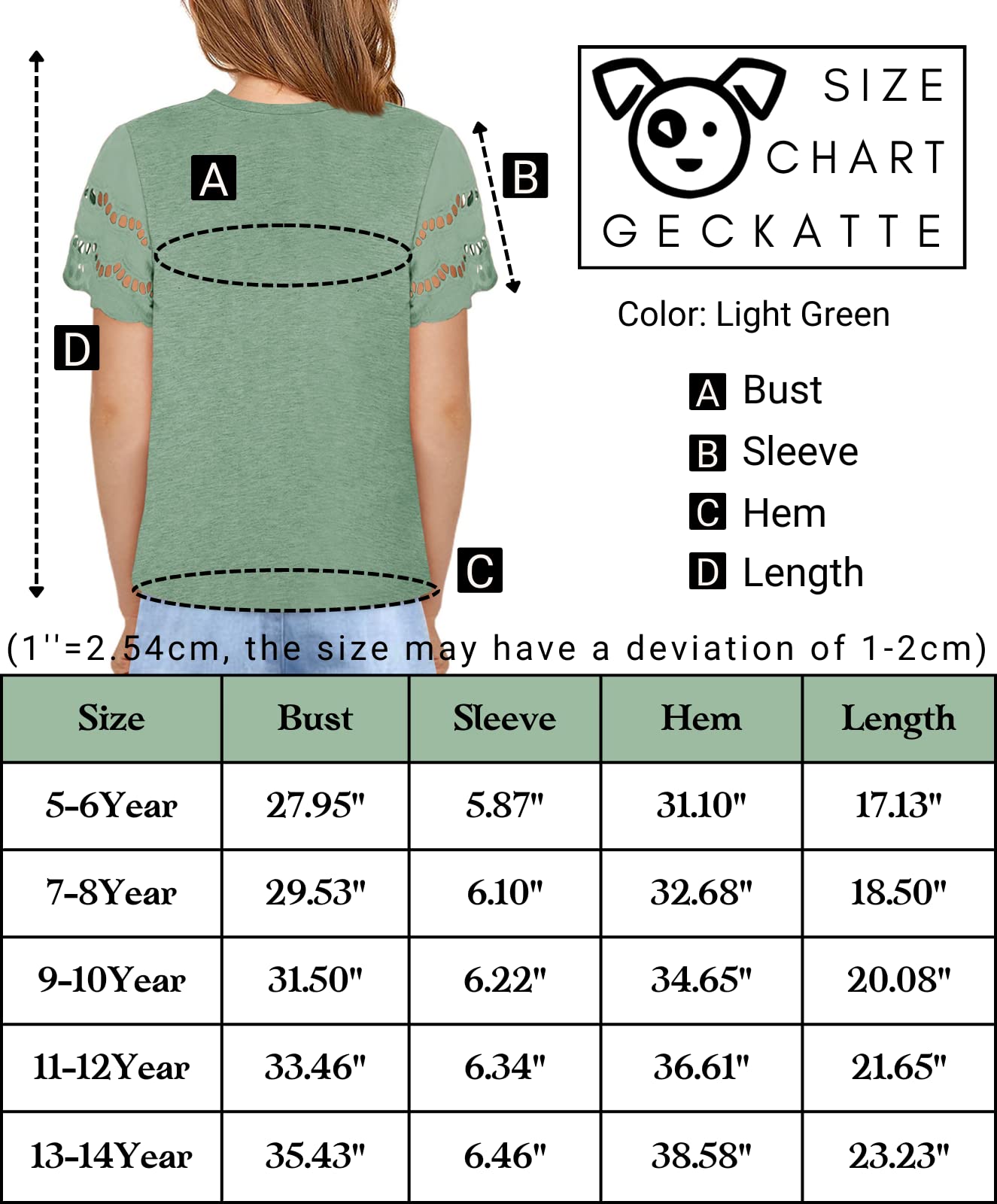 Geckatte Kids Girls' T-Shirts Short Sleeve Crewneck Cutout Summer Casual Solid Basic Tee Shirts Tops 5-14 Years Light Green