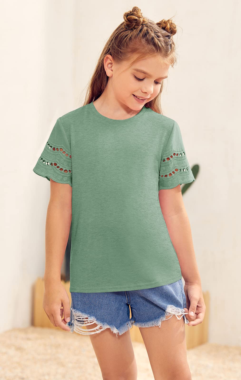 Geckatte Kids Girls' T-Shirts Short Sleeve Crewneck Cutout Summer Casual Solid Basic Tee Shirts Tops 5-14 Years Light Green