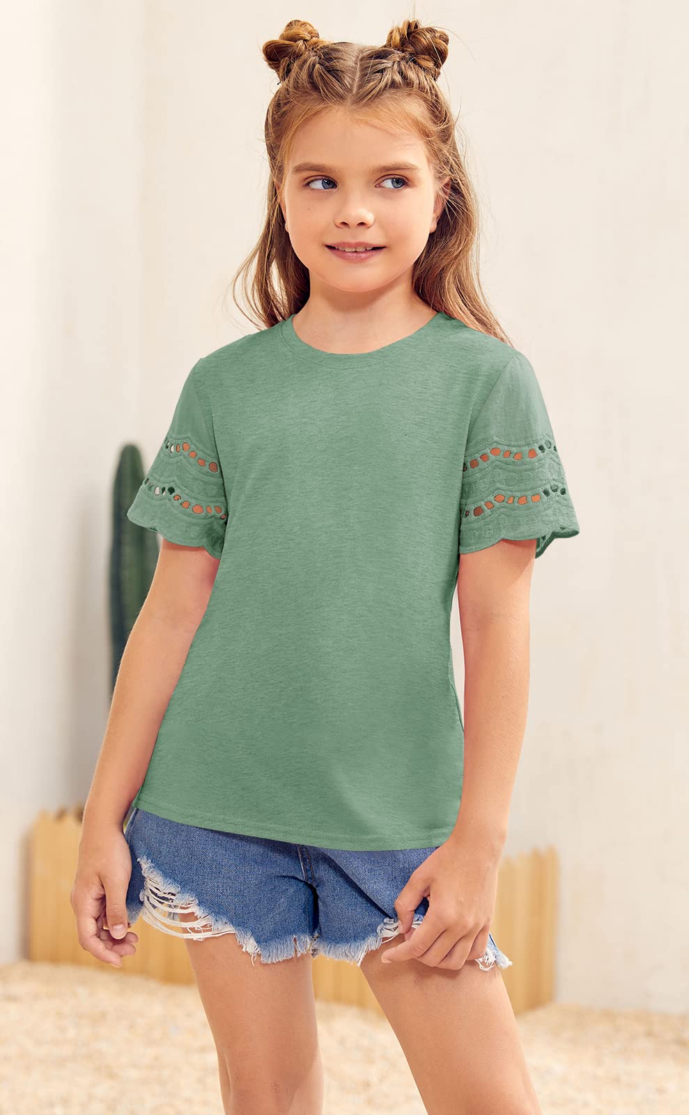 Geckatte Kids Girls' T-Shirts Short Sleeve Crewneck Cutout Summer Casual Solid Basic Tee Shirts Tops 5-14 Years Light Green