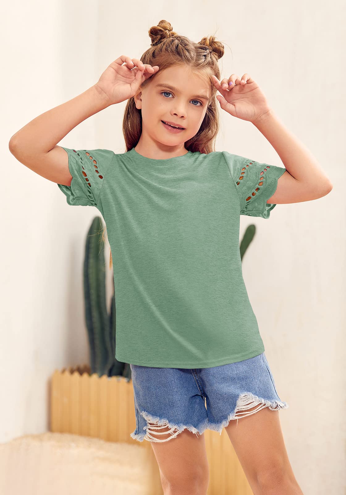 Geckatte Kids Girls' T-Shirts Short Sleeve Crewneck Cutout Summer Casual Solid Basic Tee Shirts Tops 5-14 Years Light Green