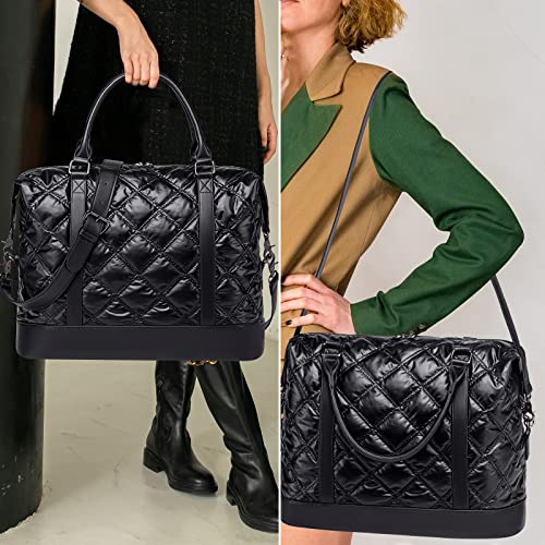 LEDAOU Weekender Travel Overnight Bag Women Ladies Quilted Carry On Tote Duffle Bag with Luggage Sleeve (Quilted Black)