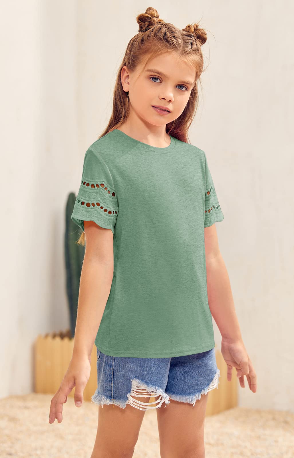 Geckatte Kids Girls' T-Shirts Short Sleeve Crewneck Cutout Summer Casual Solid Basic Tee Shirts Tops 5-14 Years Light Green