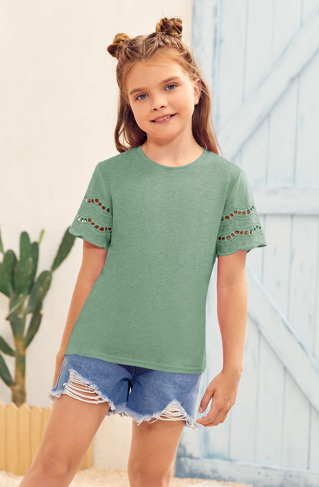 Geckatte Kids Girls' T-Shirts Short Sleeve Crewneck Cutout Summer Casual Solid Basic Tee Shirts Tops 5-14 Years Light Green