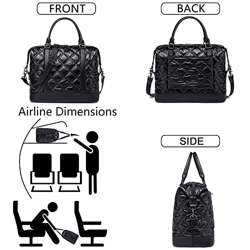 LEDAOU Weekender Travel Overnight Bag Women Ladies Quilted Carry On Tote Duffle Bag with Luggage Sleeve (Quilted Black)