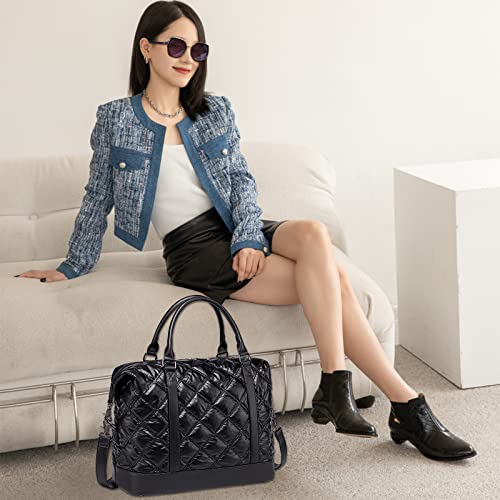 LEDAOU Weekender Travel Overnight Bag Women Ladies Quilted Carry On Tote Duffle Bag with Luggage Sleeve (Quilted Black)