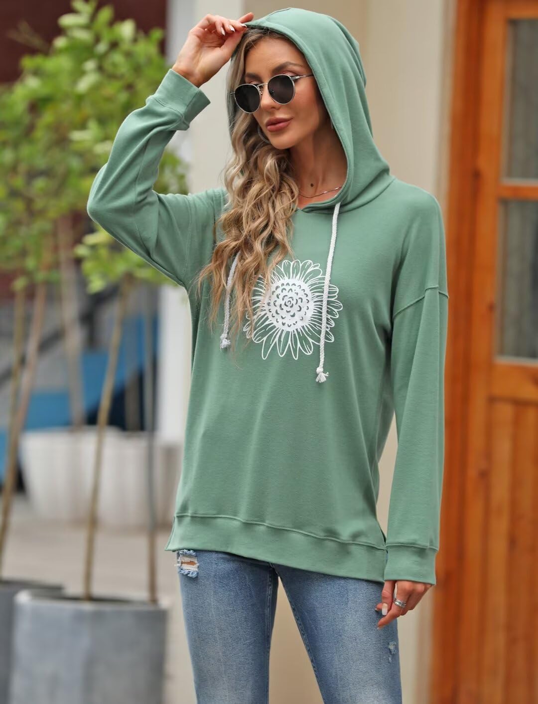 Ovanviso Women Sunflower Graphic Hoodies Long Sleeve Pullover Drawstring Sweatshirt Loose Fit Tunic Tops Light Green X-Large