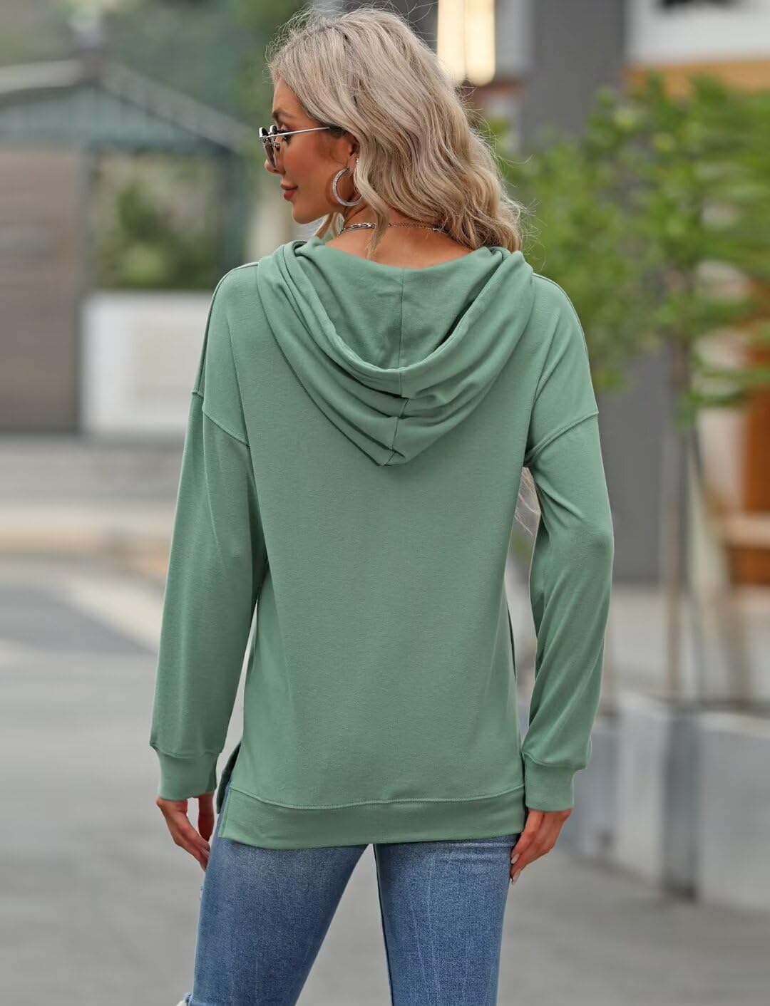 Ovanviso Women Sunflower Graphic Hoodies Long Sleeve Pullover Drawstring Sweatshirt Loose Fit Tunic Tops Light Green X-Large