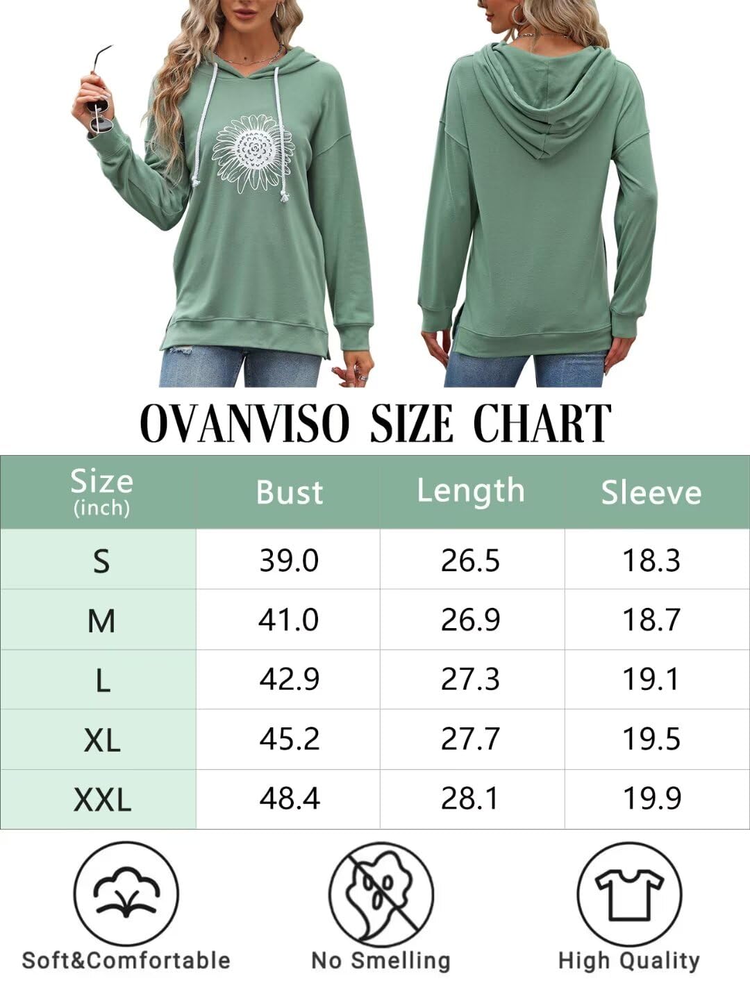 Ovanviso Women Sunflower Graphic Hoodies Long Sleeve Pullover Drawstring Sweatshirt Loose Fit Tunic Tops Light Green X-Large