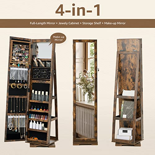 SERWALL 360 Rotating Jewelry Stand Organizer - Jewelry Armoire with Full-Length Mirror- Freestanding Dressing Mirror Jewelry Cabinet Storage - RUSTIC BROWN