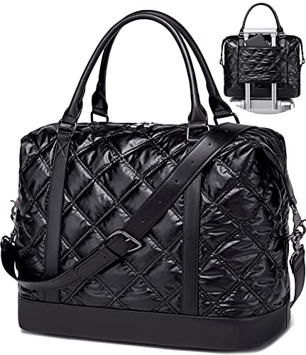 LEDAOU Weekender Travel Overnight Bag Women Ladies Quilted Carry On Tote Duffle Bag with Luggage Sleeve (Quilted Black)