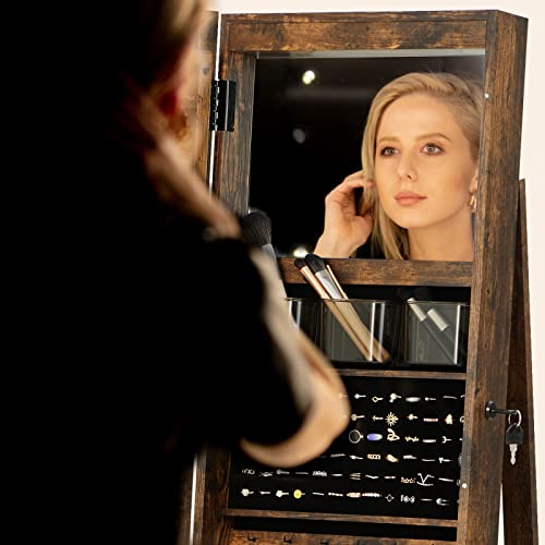 SERWALL 360 Rotating Jewelry Stand Organizer - Jewelry Armoire with Full-Length Mirror- Freestanding Dressing Mirror Jewelry Cabinet Storage - RUSTIC BROWN