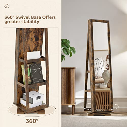 SERWALL 360 Rotating Jewelry Stand Organizer - Jewelry Armoire with Full-Length Mirror- Freestanding Dressing Mirror Jewelry Cabinet Storage - RUSTIC BROWN