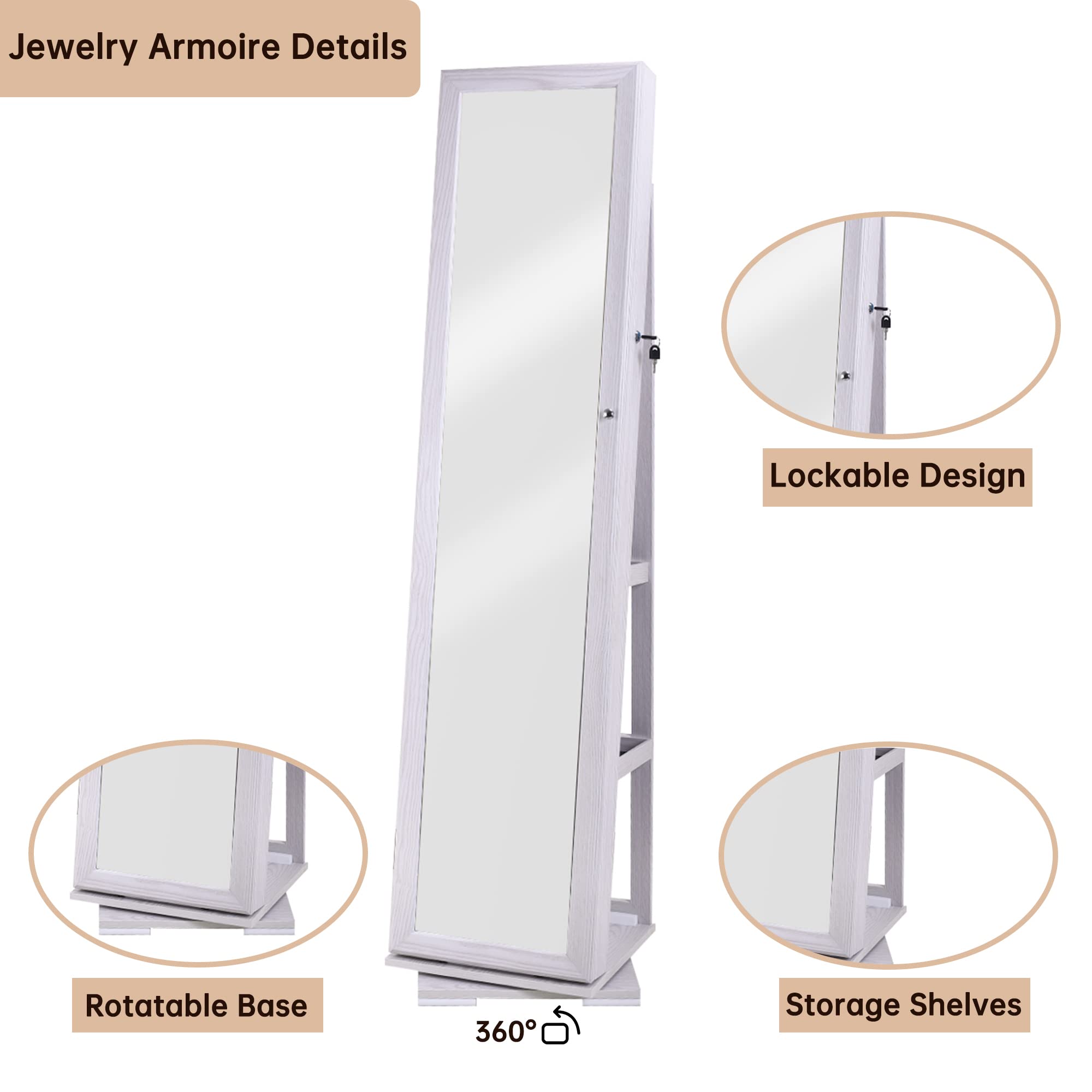 Wellynap Mirror Jewelry Cabinet, 360° Rotatable Full Length Mirror Stand, Lockable Jewelry Organizer Armoire with Back Storage Shelves for Bedroom, Cloakroom, White