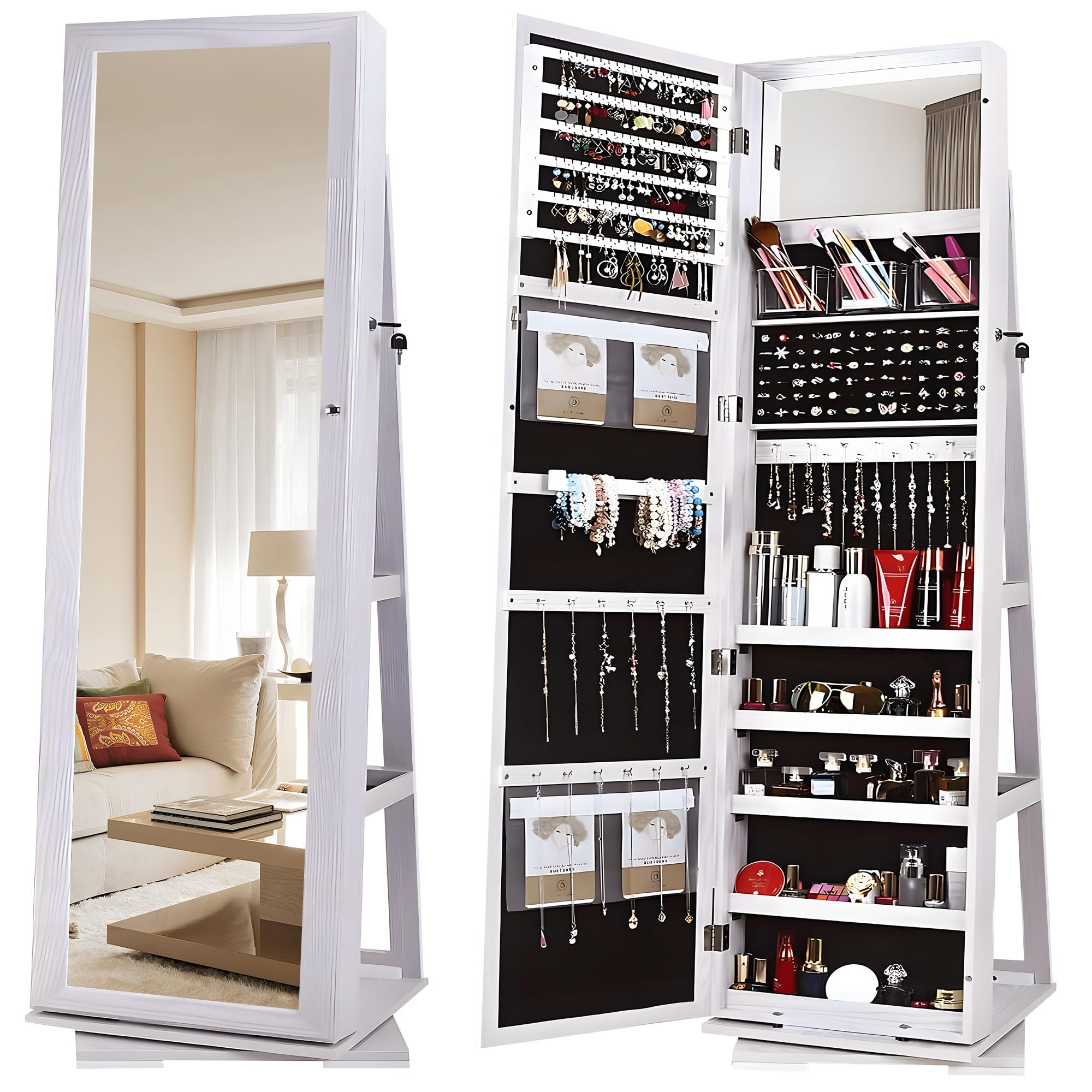 Wellynap Mirror Jewelry Cabinet, 360° Rotatable Full Length Mirror Stand, Lockable Jewelry Organizer Armoire with Back Storage Shelves for Bedroom, Cloakroom, White