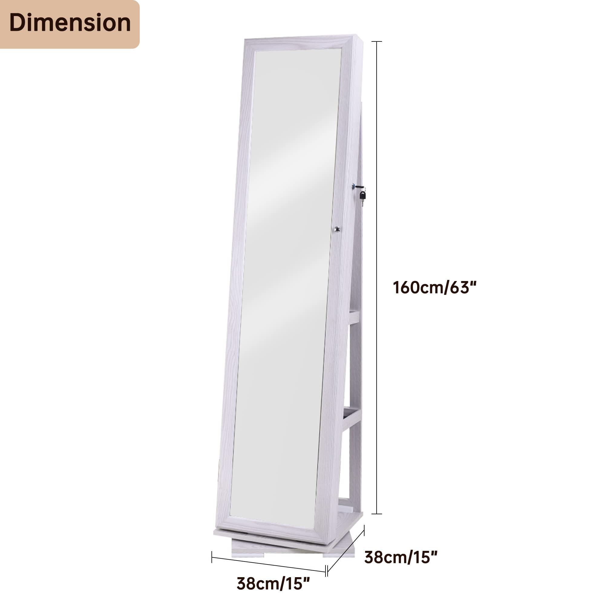 Wellynap Mirror Jewelry Cabinet, 360° Rotatable Full Length Mirror Stand, Lockable Jewelry Organizer Armoire with Back Storage Shelves for Bedroom, Cloakroom, White
