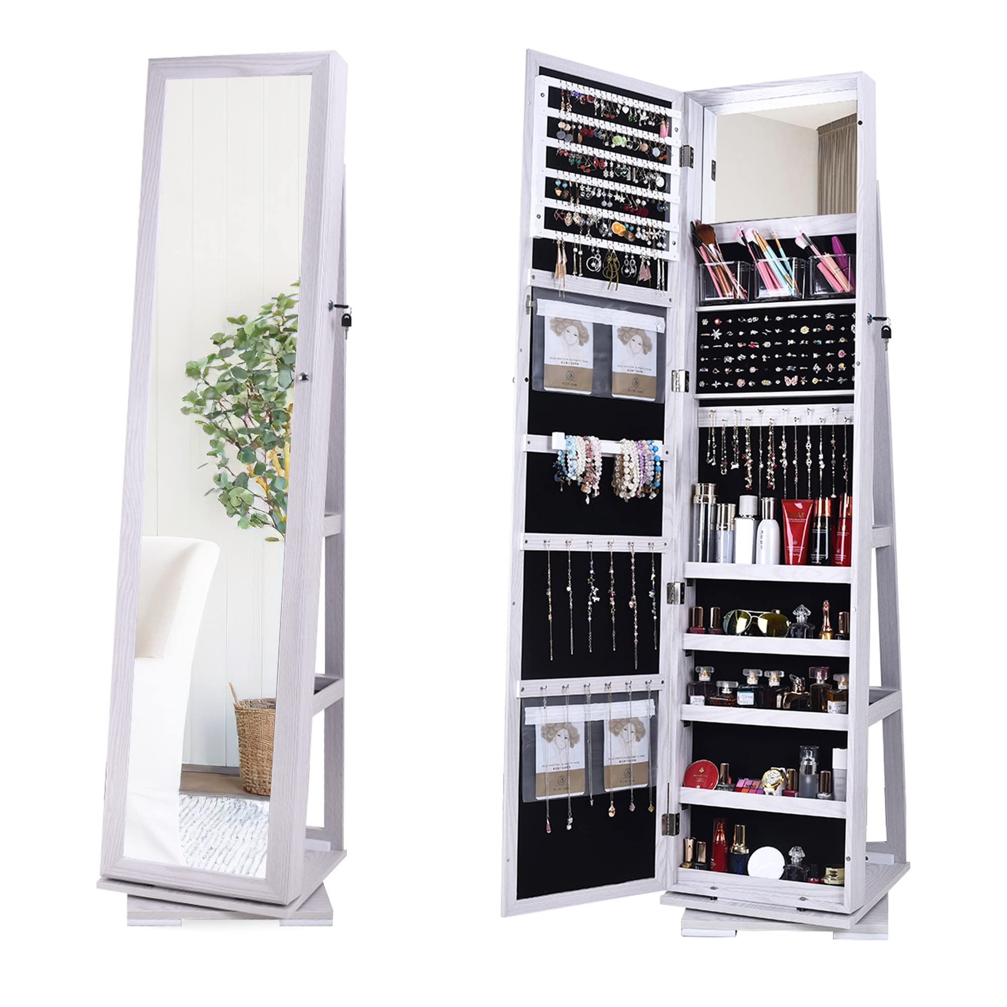 Wellynap Mirror Jewelry Cabinet, 360° Rotatable Full Length Mirror Stand, Lockable Jewelry Organizer Armoire with Back Storage Shelves for Bedroom, Cloakroom, White