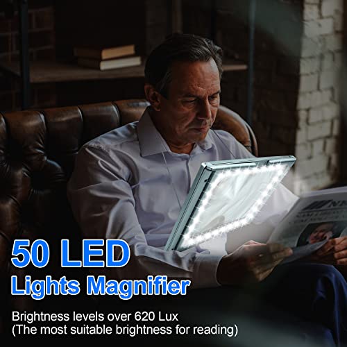 Magnifying Glass with Light and Stand, Silver 4X Page Magnifier for Reading, Foldable 50 LED Large Magnifying Glass Ideal for Seniors, 2 Power Options, 3 Usage Modes