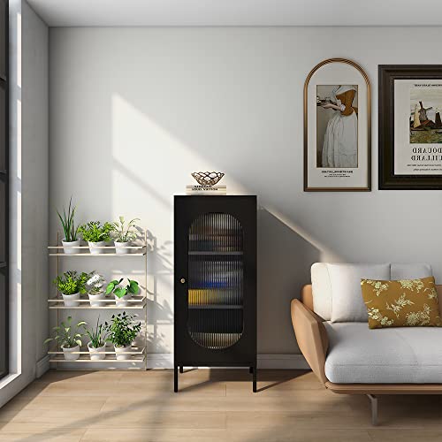 LINGZOE Steel Locker Display Cabinet with Tempered Glass Door,Metal Sideboard Cabinet for Kitchen livingroom Bedroom