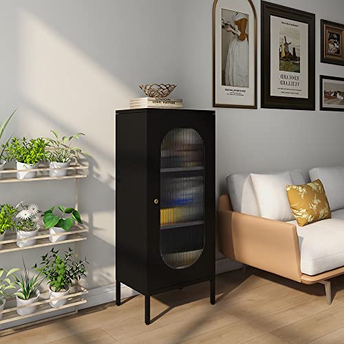 LINGZOE Steel Locker Display Cabinet with Tempered Glass Door,Metal Sideboard Cabinet for Kitchen livingroom Bedroom