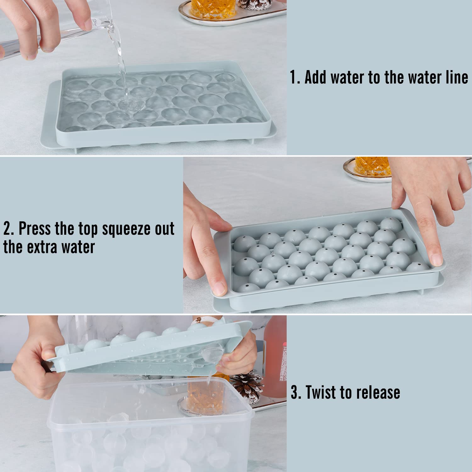Ice Cube Tray with Lid & Bin 1IN Round Ice Cube Mold for Freezer 66PCS Ice Ball Maker Mold Small Ice Cube Trays Making Sphere Ice Chilling Cocktail Whiskey Tea Coffee (2 Ice Trays, 1 Ice Scoop & Bin)