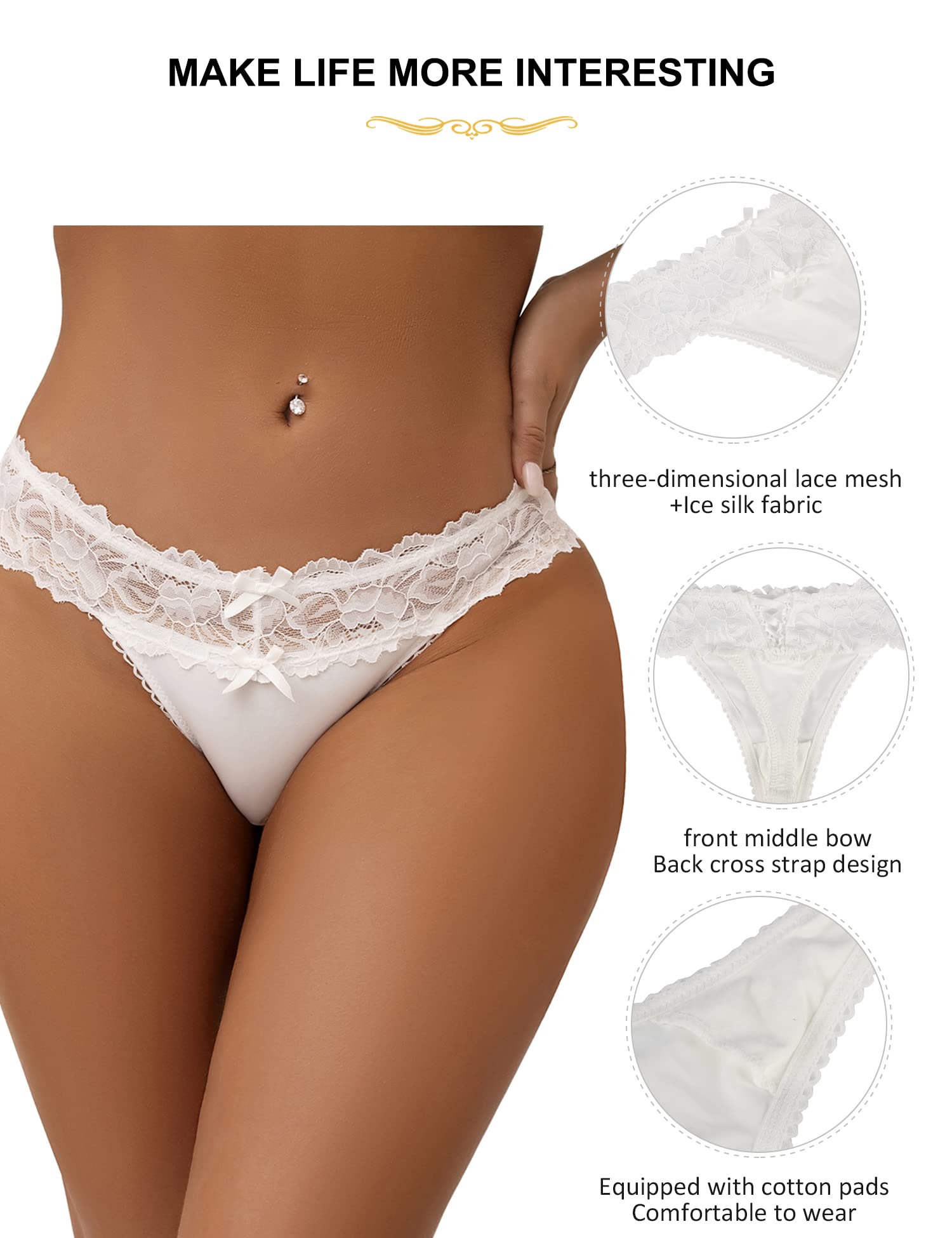 ohyeah Plus Size White Floral Lace Thong Sexy Tanga Pantie Cotton Crotch Underwear G-string Brief for Women M