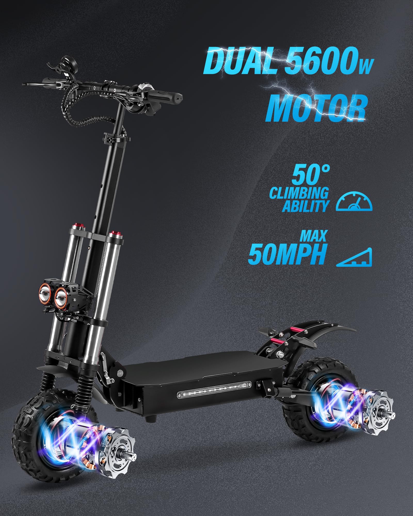 Electric Scooter Adults 50mph Max Speed,5600W 35Ah Dual Motor Electric Scooter with Seat,11" Fat Tire Foldable All-Terrain Electric Scooter Up to 65 Miles Long-Range Max Load 440lb