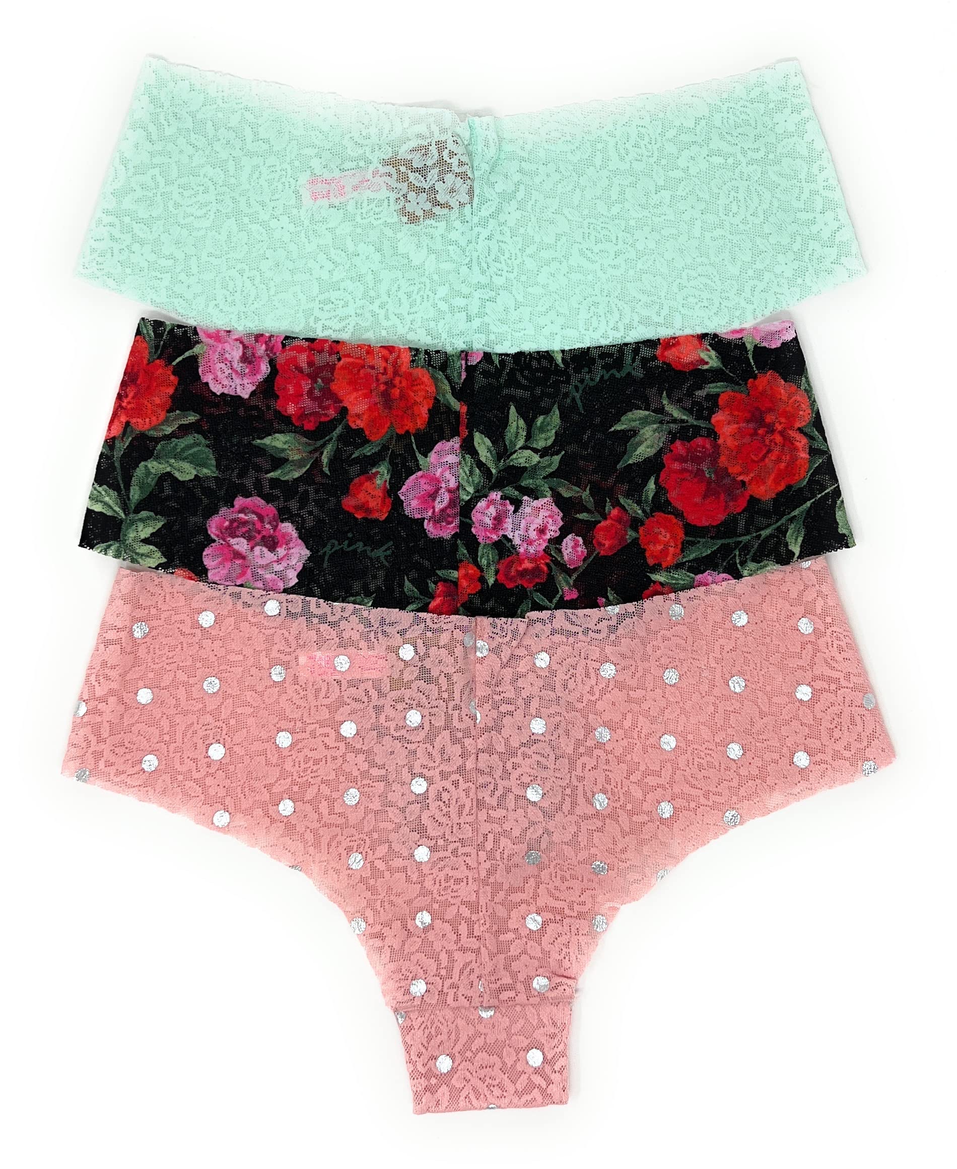 Victoria's Secret PINK Cheekster Panty Set of 3 Medium No Show Lace Mint/Black Floral/Pink Dot