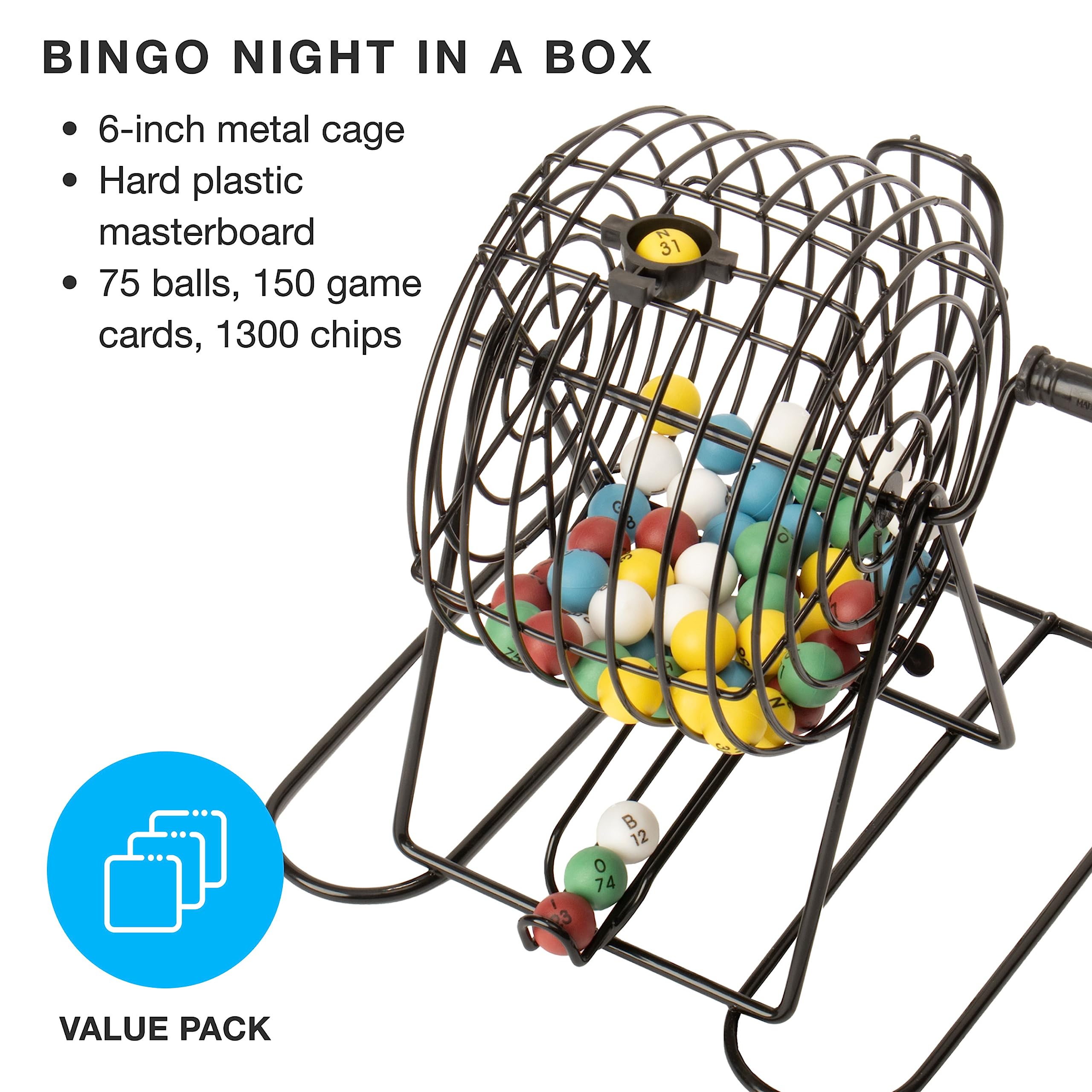Deluxe Bingo Set with Extra Cards and Chips - Bingo Set with Game Chips, Cards, Roller Cage, Master Board, Color Balls - Classic Fun and Party Games for Seniors, Family and Kids