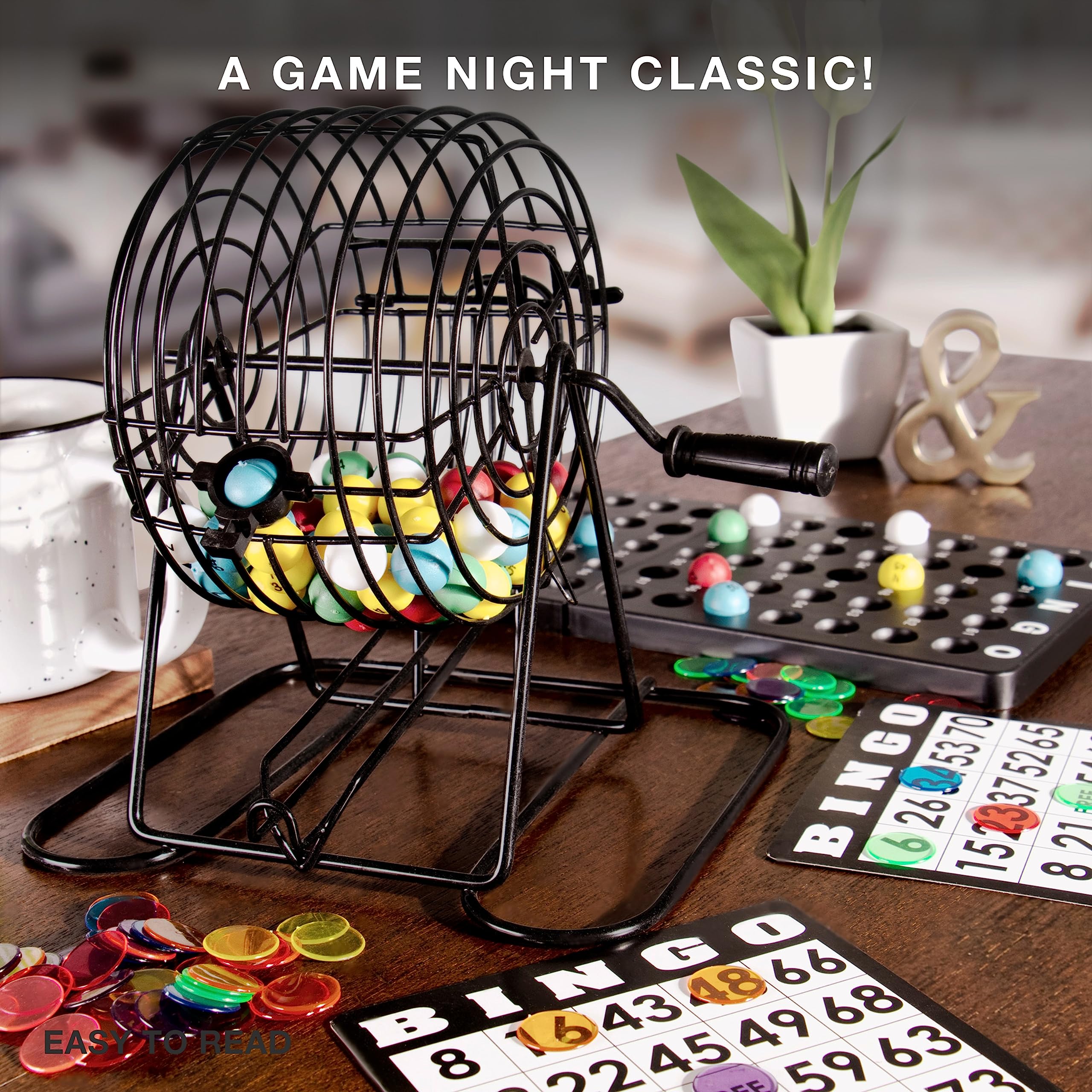 Deluxe Bingo Set with Extra Cards and Chips - Bingo Set with Game Chips, Cards, Roller Cage, Master Board, Color Balls - Classic Fun and Party Games for Seniors, Family and Kids