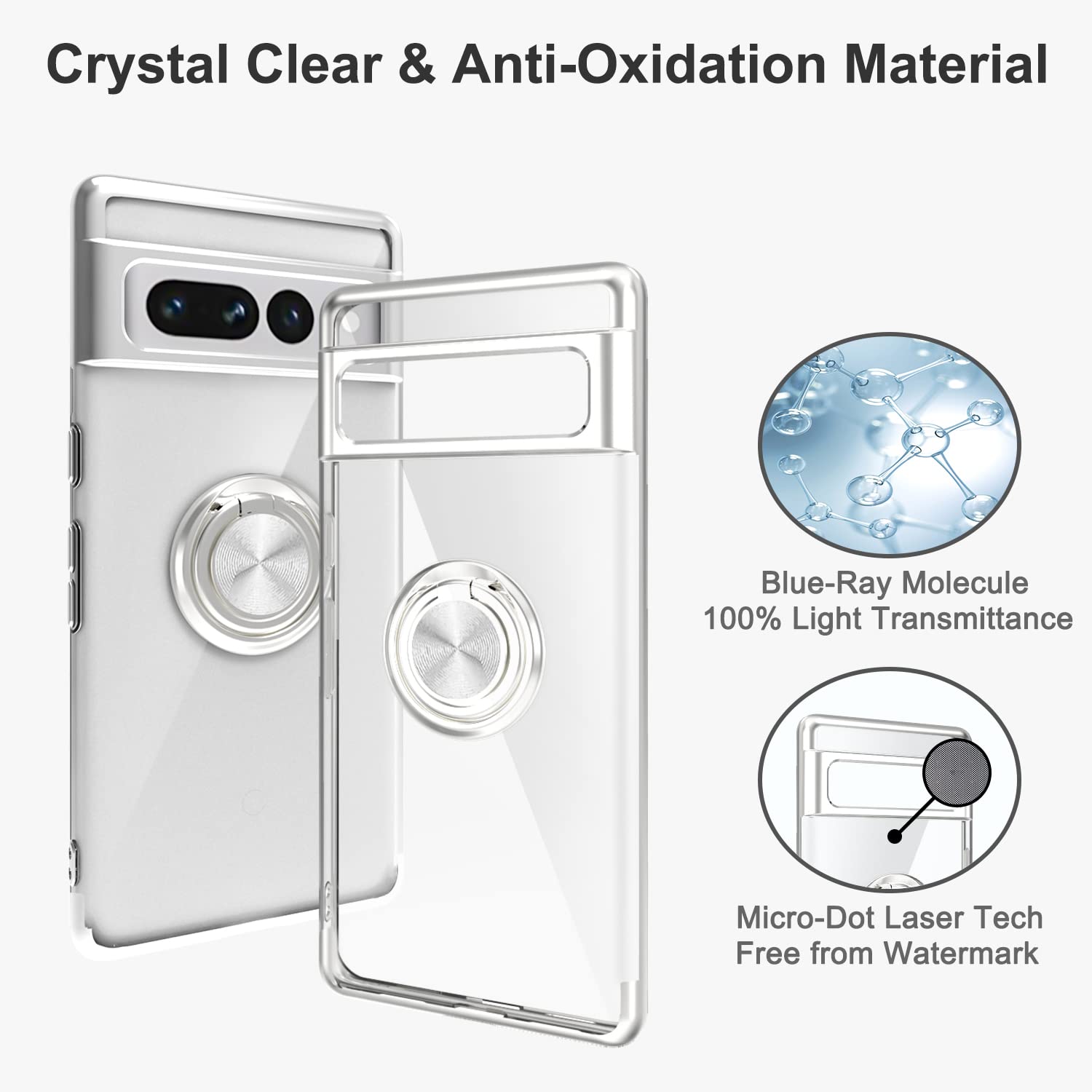 Tnarru Clear Compatible with Google Pixel 7 Pro Case with Magnetic Ring Holder Kickstand [Non-Yellowing] Transparent TPU Slim Thin Shockproof Protection Pixel 7 Pro Phone Case -Silver