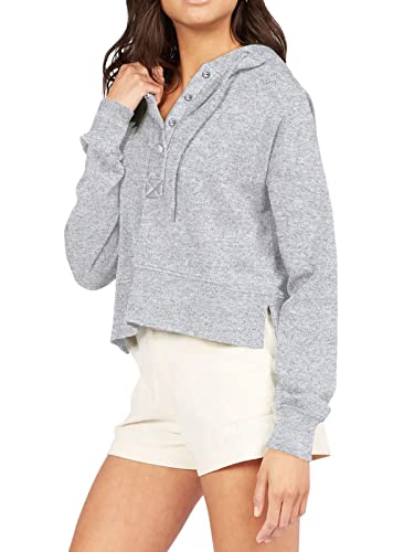 LASLULU Womens Fuzzy Cropped Hoodies V Neck Sport Athletic Hoodie Sweater Fleece Lined Sweatshirt Fall Clothes Long Sleeve Pullover Tops(Light Grey Medium)