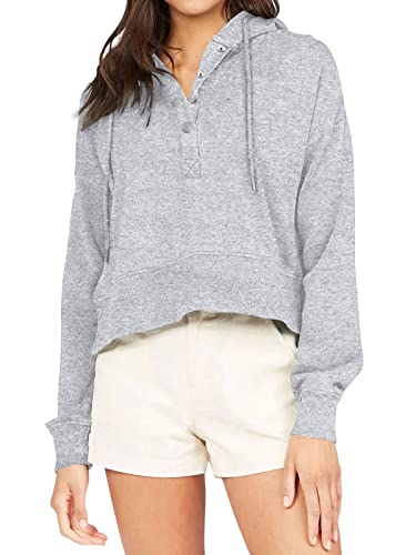 LASLULU Womens Fuzzy Cropped Hoodies V Neck Sport Athletic Hoodie Sweater Fleece Lined Sweatshirt Fall Clothes Long Sleeve Pullover Tops(Light Grey Medium)