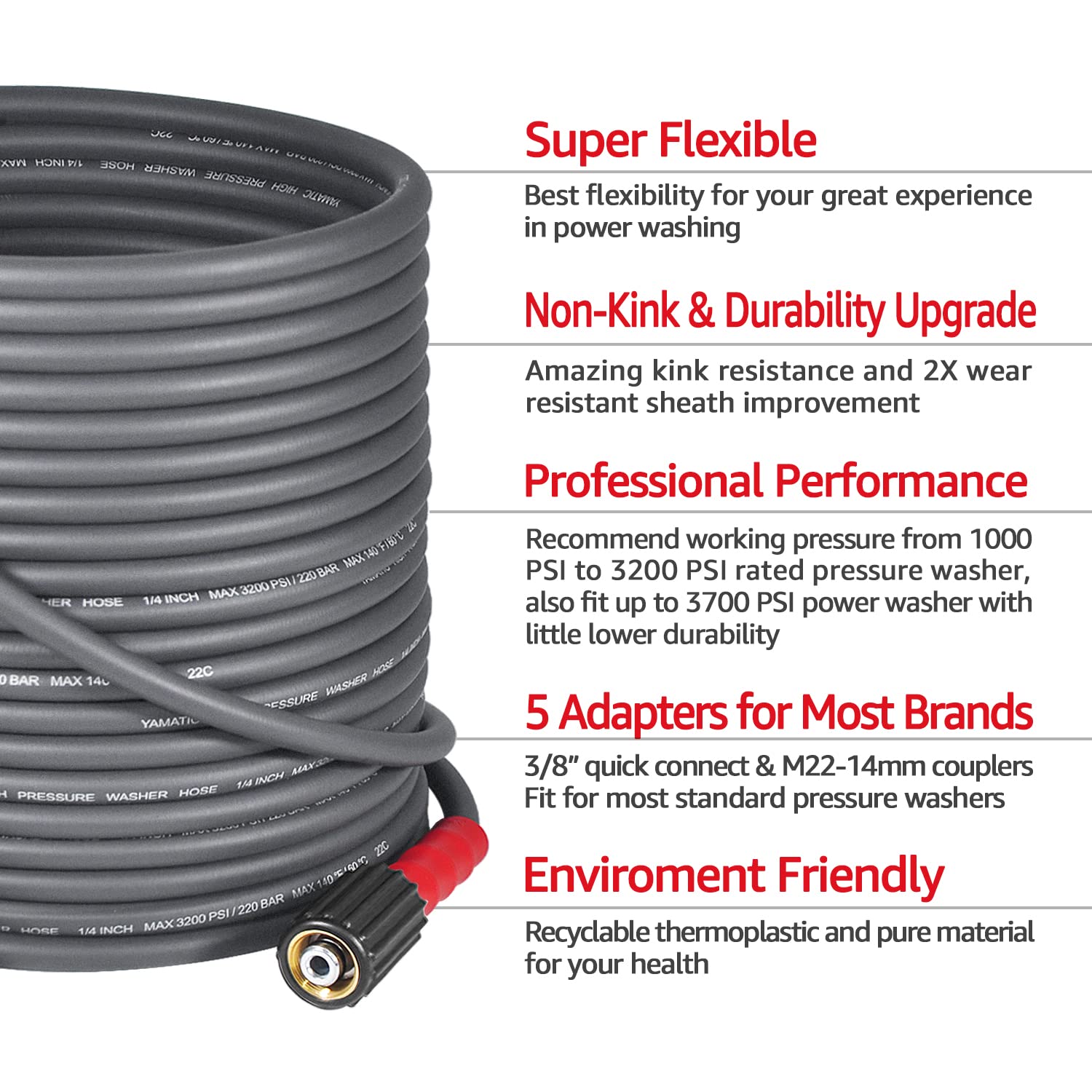 Hose&Adapter Kit Replacement for Sun Joe M22 Electric Power Washer and Wands, 2 M22-15mm Adapters, M22-14mm Thread & 3/8" Qucik Connectors, 50FT 1/4" X 3200 PSI Pressure Hose, Super Flexible