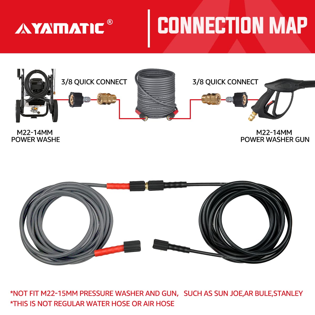 Hose&Adapter Kit Replacement for Sun Joe M22 Electric Power Washer and Wands, 2 M22-15mm Adapters, M22-14mm Thread & 3/8" Qucik Connectors, 50FT 1/4" X 3200 PSI Pressure Hose, Super Flexible