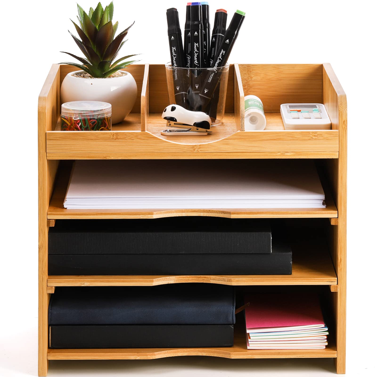 DEAYOU Bamboo Desk File Organizer, 13" Document Letter Tray Sorter with 2 Adjustable Shelves, 4 Tier Mail Organizer Countertop, Paper Storage Holder Box Cubby for Magazine, Office, Home, School