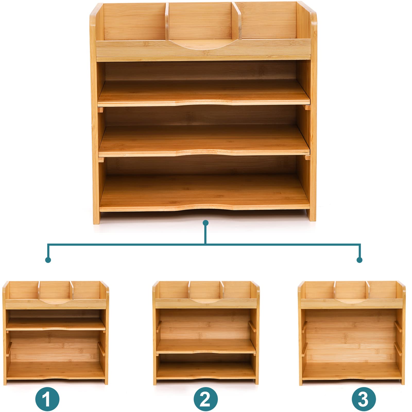DEAYOU Bamboo Desk File Organizer, 13" Document Letter Tray Sorter with 2 Adjustable Shelves, 4 Tier Mail Organizer Countertop, Paper Storage Holder Box Cubby for Magazine, Office, Home, School