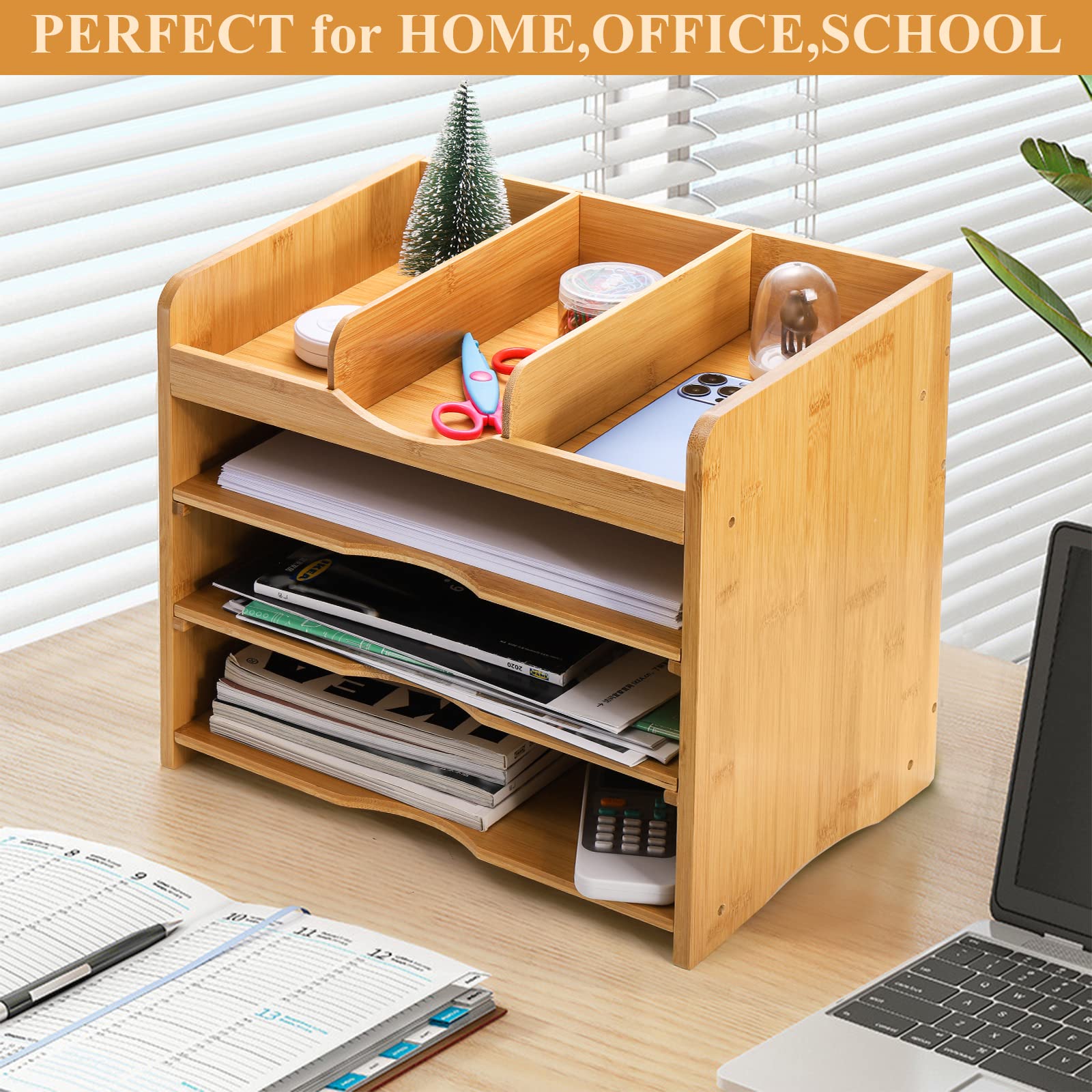 DEAYOU Bamboo Desk File Organizer, 13" Document Letter Tray Sorter with 2 Adjustable Shelves, 4 Tier Mail Organizer Countertop, Paper Storage Holder Box Cubby for Magazine, Office, Home, School