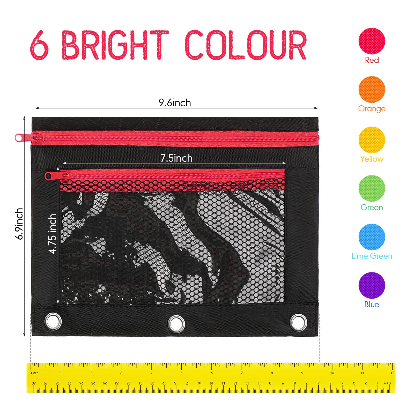 Fainne 36 Pcs Pencil Pouch for 3 Ring Binder Pencil Case for Binder Colorful Mesh Pencil Bags with Zipper, 3 Ring Binder Pencil Pouch Bags with Clear Mesh Window for Office Supplies