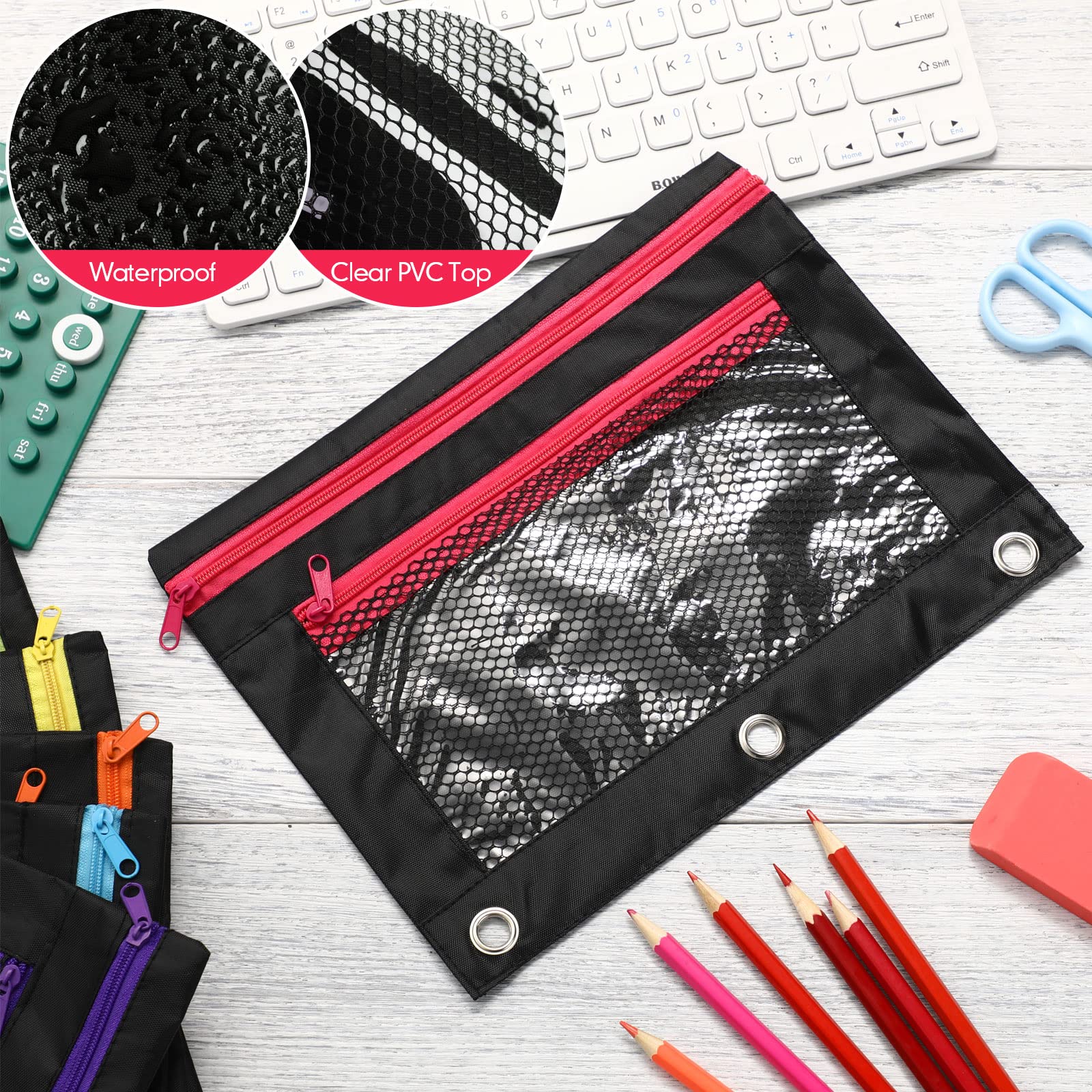 Fainne 36 Pcs Pencil Pouch for 3 Ring Binder Pencil Case for Binder Colorful Mesh Pencil Bags with Zipper, 3 Ring Binder Pencil Pouch Bags with Clear Mesh Window for Office Supplies