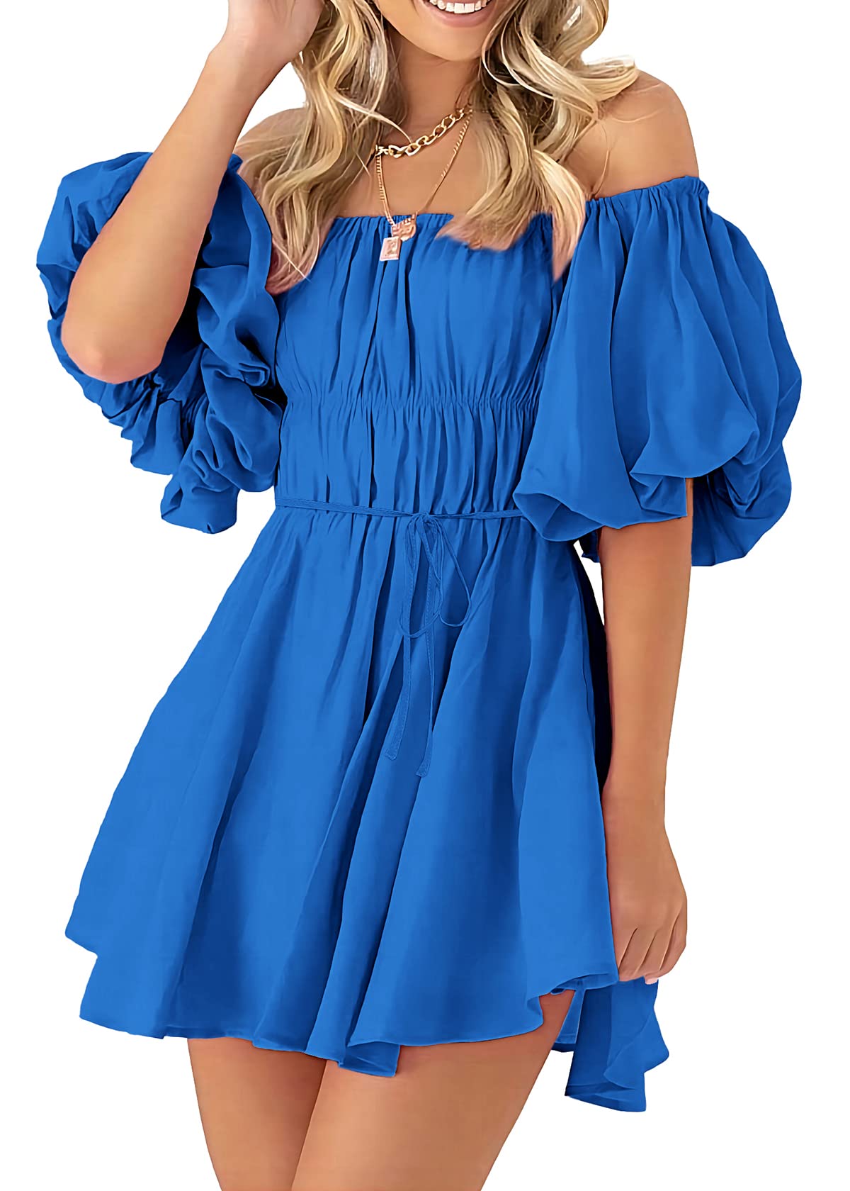 PRETTYGARDEN Women's Off The Shoulder Babydoll Dress Short Puff Sleeve Casual A Line Ruffle Summer Dresses (Solid Blue,X-Large)
