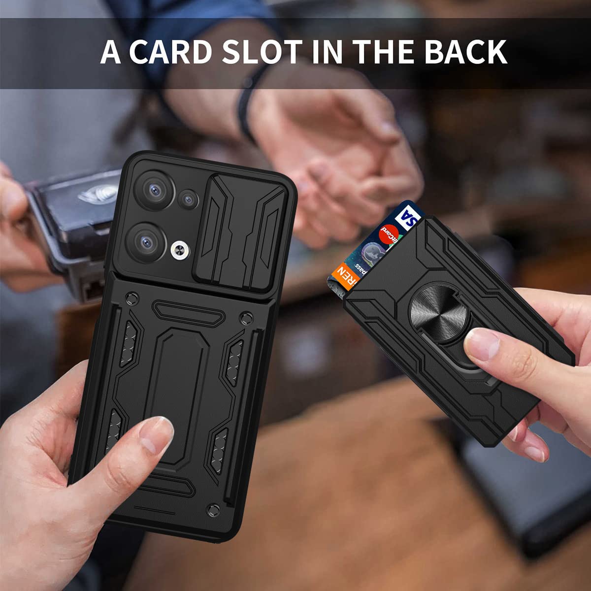 CCSmall for Oppo Reno 8 Pro Case Sliding Window Case with Card Holders, Cover with Slide Camera Protection Built-in Magnetic Kickstand Case for Oppo Reno 8 Pro 5G LJK Black