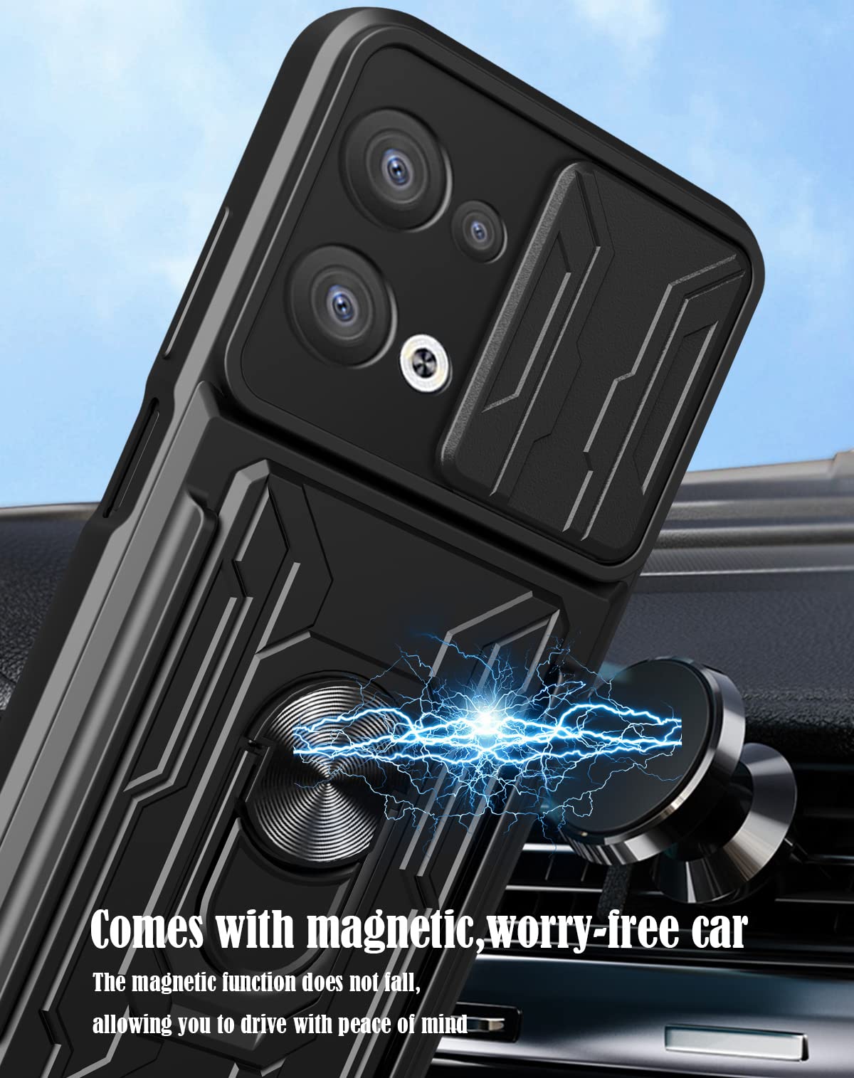 CCSmall for Oppo Reno 8 Pro Case Sliding Window Case with Card Holders, Cover with Slide Camera Protection Built-in Magnetic Kickstand Case for Oppo Reno 8 Pro 5G LJK Black