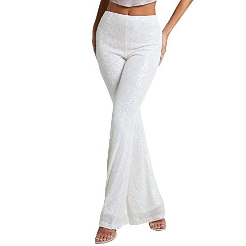 Sequin Flared Pants for Women High Waisted Loose Sparkly Wide Leg Disco Rave Pants Silver XL