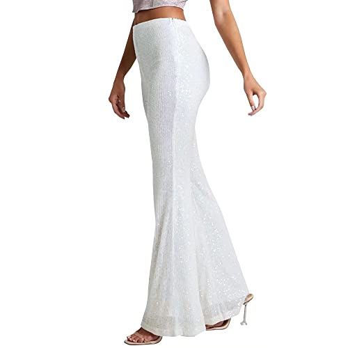 Sequin Flared Pants for Women High Waisted Loose Sparkly Wide Leg Disco Rave Pants Silver XL