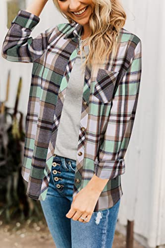 Hibluco Women's Fall Plaid Flannel Shacket Jacket Long Sleeve Button Down Shirt Light Green