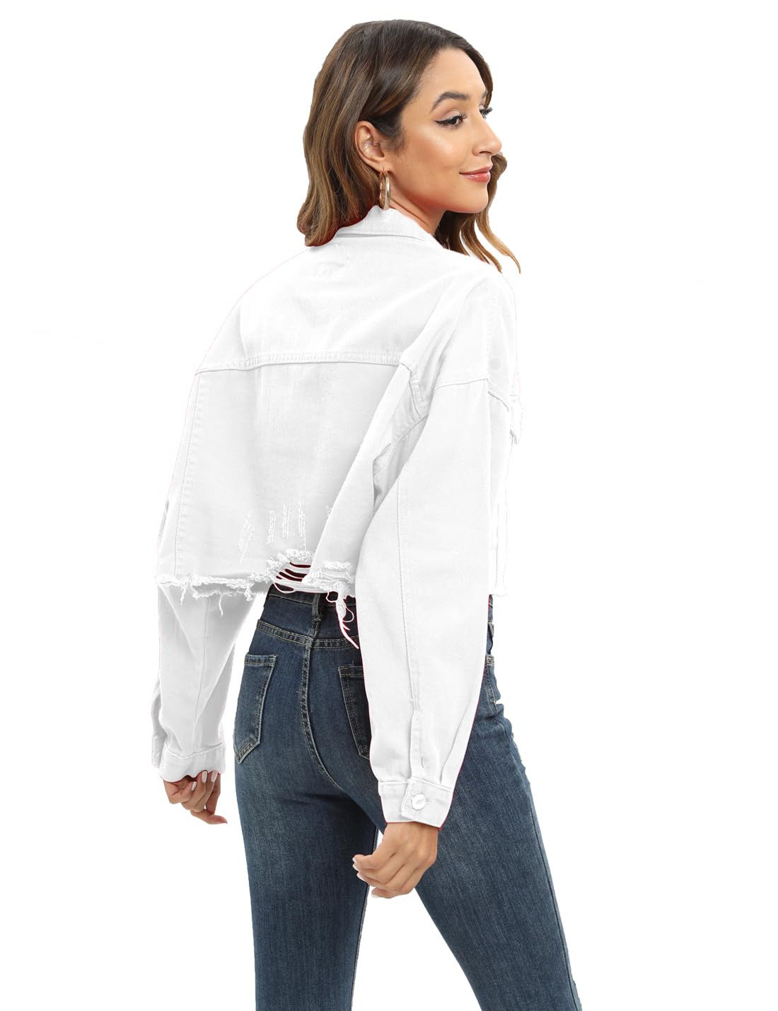 Gacaky Womens Casual Solid Color Ripped Distressed Cropped Denim Jean Jacket Coat With Frayed Hem White S