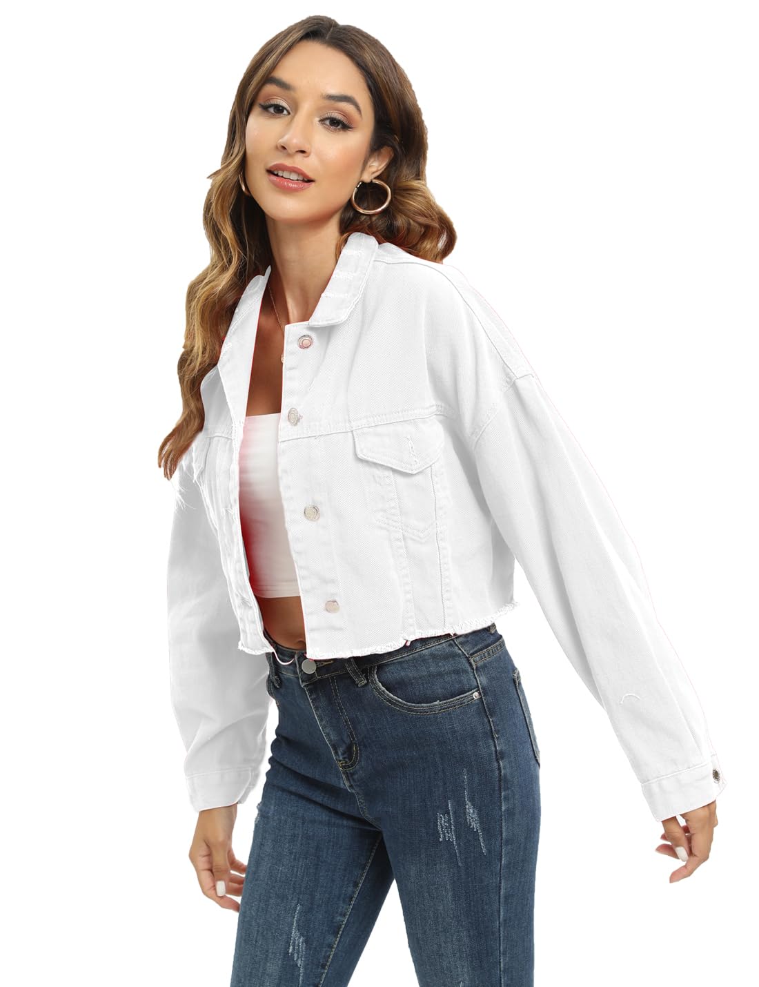 Gacaky Womens Casual Solid Color Ripped Distressed Cropped Denim Jean Jacket Coat With Frayed Hem White S