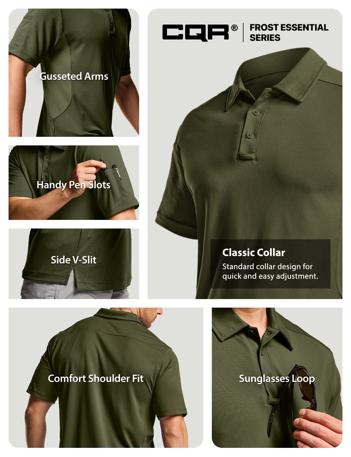 CQR Men's Polo Shirts, Tactical Short Sleeve Golf Performance Shirts, Lightweight Dry Fit UPF 50+ Pique, Frost Essential Army Green, X-Large