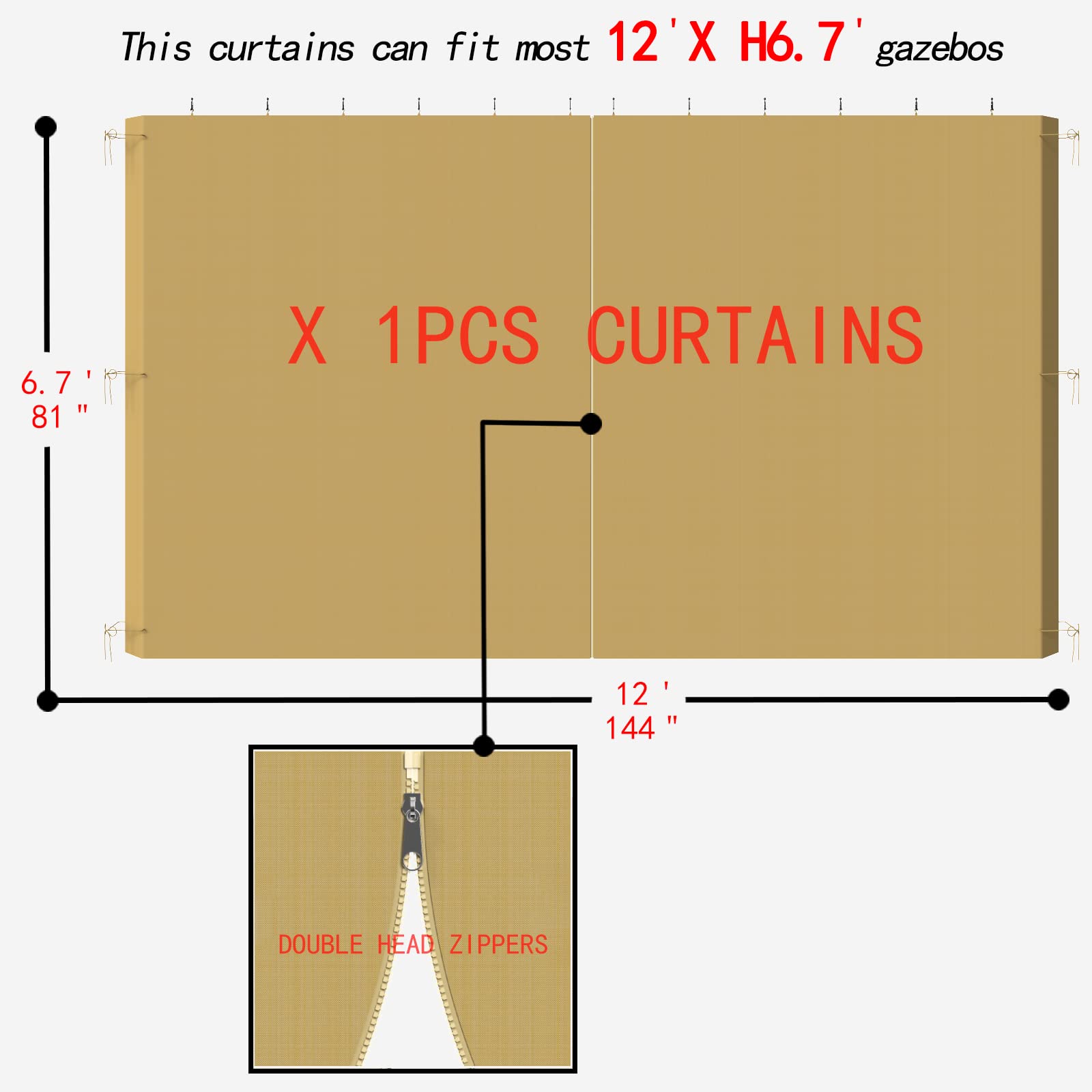 SunCula Replacement 10'x12'- One Panel Gazebo Curtain Waterproof, Universal Privacy Shade Curtains Side Wall with Zipper for Patio, Backyard, Garden 10'x12' or 12'x12' Outdoor -Khaki(Only Curtains)