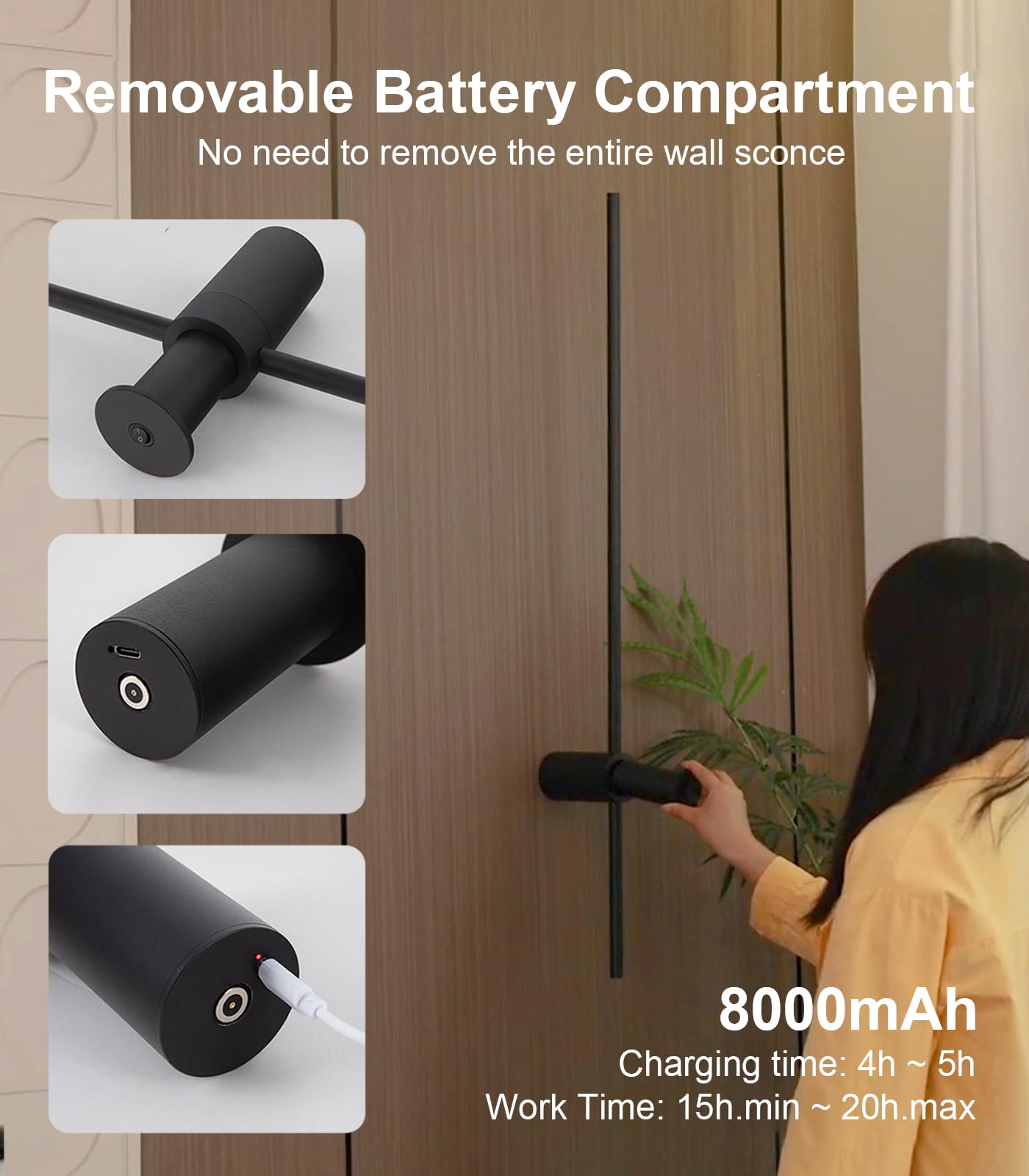 Battery Operated Wall Sconces with Remote Control, USB Rechargeable Wall Sconce Set of Two, Dimmable LED Wall Lights Indoor, 360° Rotate Cordless Wall Lamp for Living Room Bedroom Hallway, Black, 40In